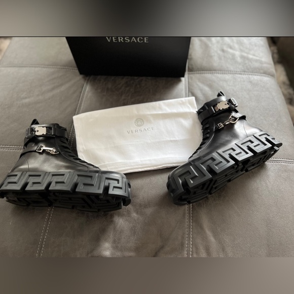 Versace | Shoes | Versace Greca Labyrinth Leather Boots Black 435 ...